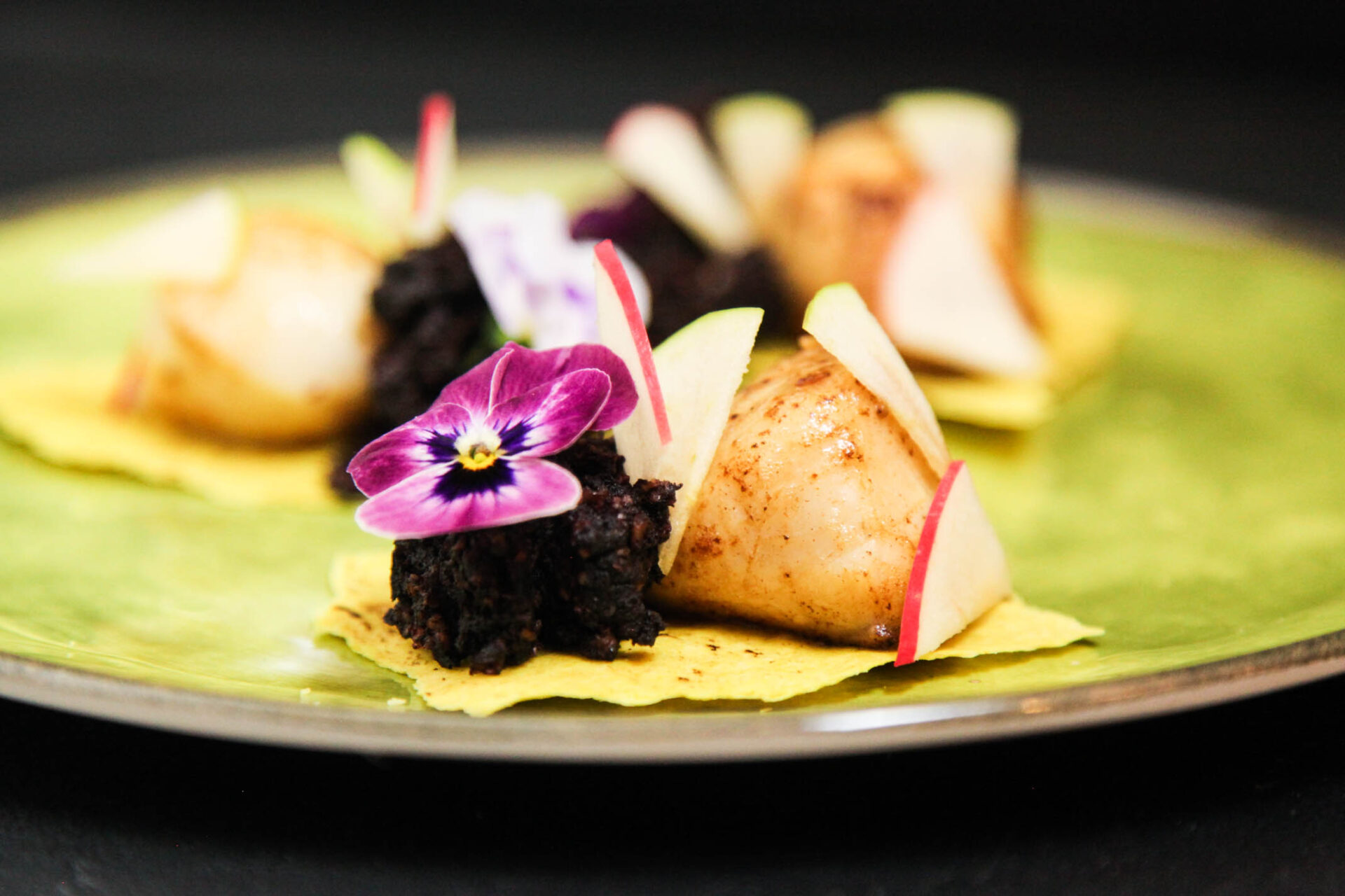 Fancy Starter with Scallops Black Pudding and Apple - Berries & Spice